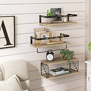 Fixwal 3+1 Bathroom Shelves Over Toilet, Floating Shelves Wall Mounted with Metal Frame and Towel Bar for Bathroom, Kitchen, Bedroom, Living Room (Rustic Brown)