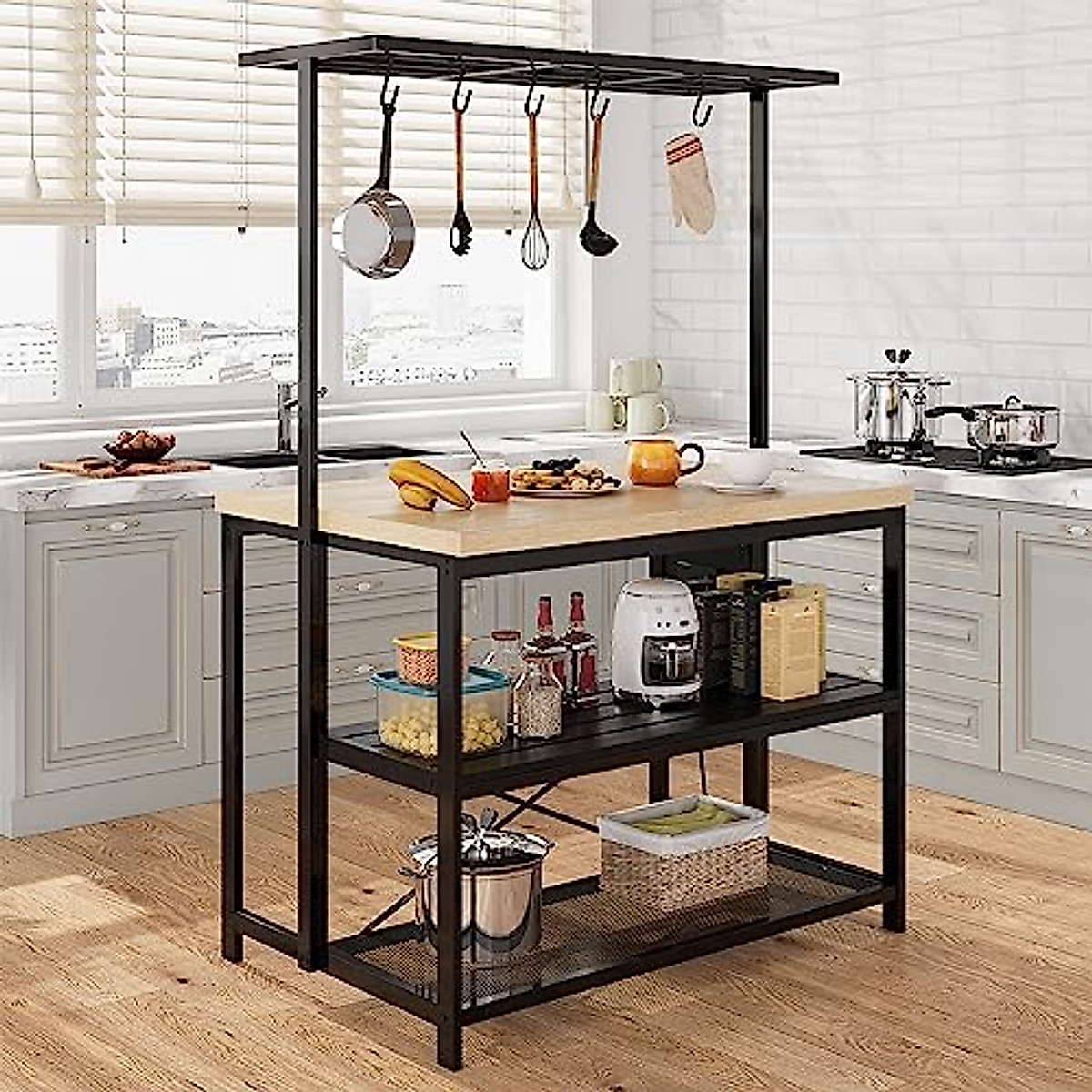 47" Large Kitchen Island Table Bakers Rack with Power Outlet and 3-Tier Storage-Microwave Stand Oven Shelf, Metal Coffee Bar Table ,Kitchen Storage Shelf for Dining Living Room, 5 Hooks, 47"*28"*72"