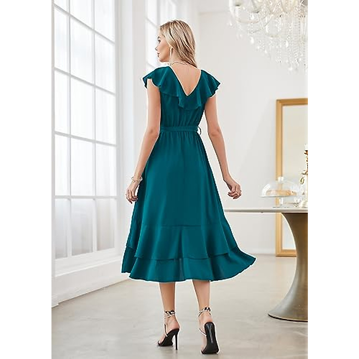 GRACE KARIN Wrap V Neck Long Bridesmaid Dresses for Wedding Sleeveless Ruffle Chiffon Formal Evening Party Dresses Blue Green