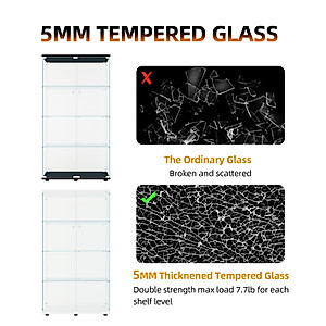 Beauty4U Glass Display Cabinet with 4 Shelves, 2 Doors Curio Cabinets for Living Room, Bedroom, Office, Black Floor Standing Glass Bookshelf, Quick Installation