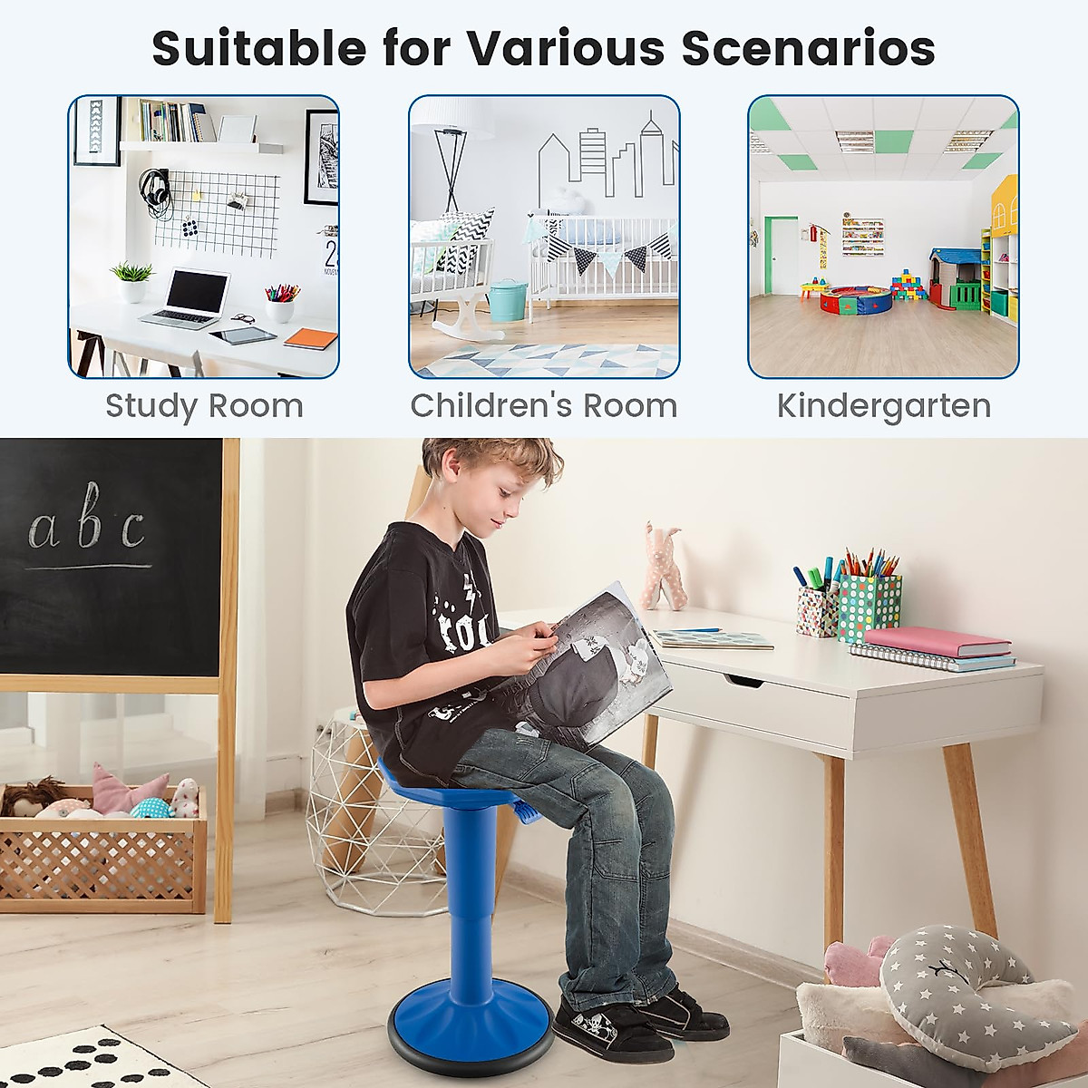 S AFSTAR Ergonomic Wobble Stool, Kids Active Motion Stool w/ 16"- 23.5" Adjustable Height, 245 LBS Weight Capacity, 360-Degree Wiggle Chairs Kids Wobble Chair for Classroom Preschool (Navy)