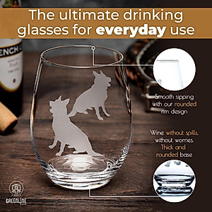 German Shepherd Stemless Wine Glasses (Set of 2) | Unique Gift for Dog Lovers | Hand Etched with Breed Name on Bottom