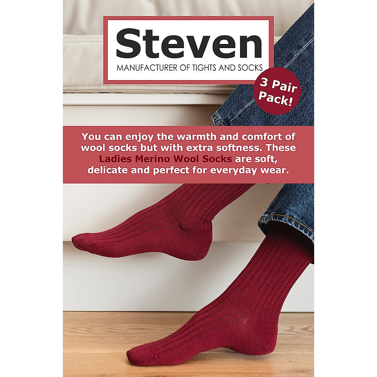 3 Pairs Womens Merino Wool Socks | Steven | Ladies Lightweight Warm Boot Socks (4-6, Dark Grey)