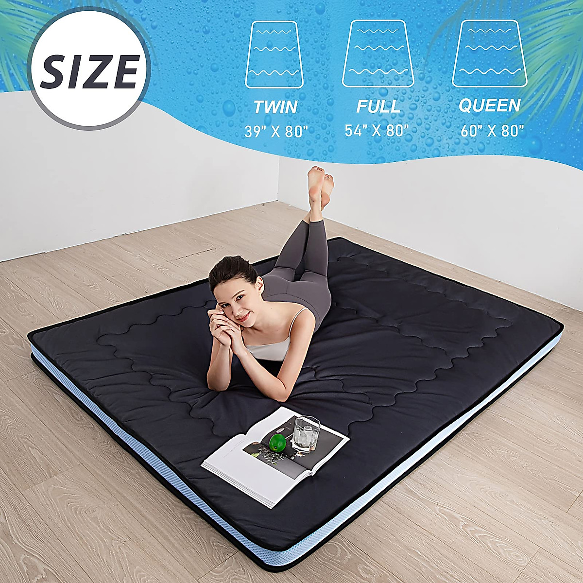 MAXYOYO Cooling Floor Mattress Japanese Futon Mattress for Hot Sleepers, Cooling Mattress Pad Portable Camping Mattress Roll Up Mattress for Summer, Breathable Mesh, Cool Sleep, Charcoal Black, Full