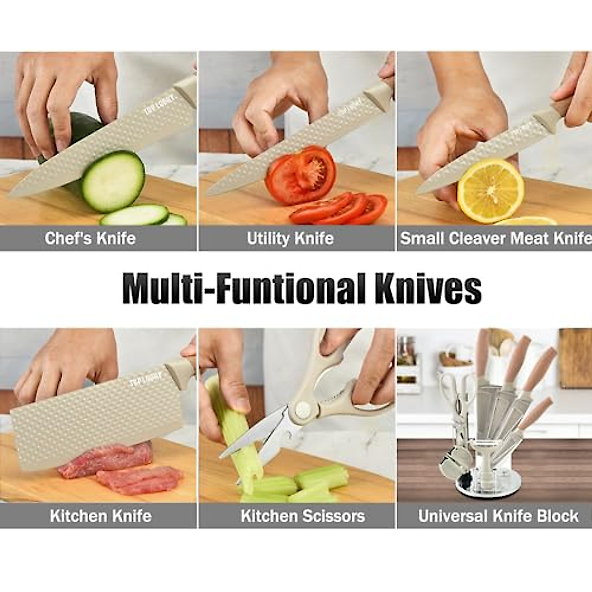 Kitchen Knife Set, 8-Piece Khaki Super Sharp Knife Set with Block, Kitchen Knife Block Set Stainless Steel Sturdy Durable Kitchen Knives, Non-stick Cooking Knives Sets with Knife Shapener (Khaki)