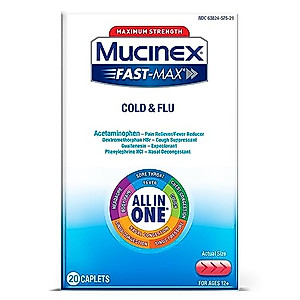Mucinex Fast-Max Max Strength Cold and Flu Medicine for Adults, Daytime Cold Medicine, Over-the-Counter Medication With Acetaminophen, Dextromethorphan HBr, Guaifenesin, Phenylephrine HCl, 20 Caplets