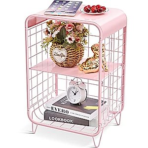 APEXCHASER Metal Side Table,Cute Pink Nightstand,3 Tier End Table with Storage,Vintage Bedside Table,Girls Bedroom Furniture,Small Coffee Table for Living Room,Bedroom,Dorm