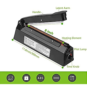 8inch Impulse Heat Sealer,Manual Poly Bag Heat Sealer Sealing Machine Heat Seal Closer for Plastic Bags PE PP Bags (Black)