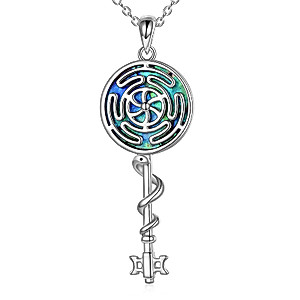 URONE Hecate Necklace S925 Silver Wiccan Wheel of Hecate Goddess Symbol Abalone Shell Hecate Pendant Necklace for Women