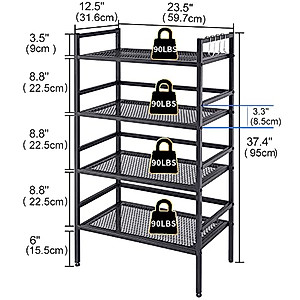 37.4" Metal Storage Shelf Rack Adjustable Height 4-Tier Utility Kitchen Standing Shelving w/ 4 Hooks, Shoe Rack heavy Duty for Laundry Bathroom Garage Pantry Load upto 83LBS per Tier, Matte Black