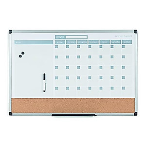 MasterVision Magnetic Dry Erase Monthly Calendar Planner Push Pin Corkboard Combo with Marker Tray, 24" x 36", Gray Plastic Frame, White, MB0707186P