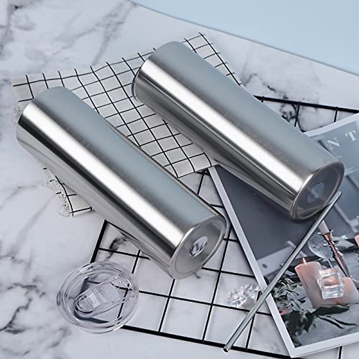 Cosictic 20 Oz Skinny Tumbler Set of 4, Slim Insulated Stainless Steel Travel Tumbler with Lid and Straw, Skinny Water Tumbler for Diy Birthday Gift, Silver