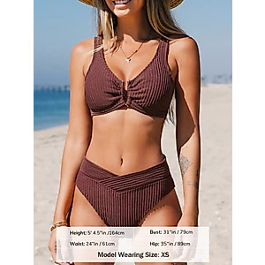 CUPSHE Bikini Set for Women Two Piece Swimsuits High Waisted Ribbed V-Wire Bralette Wide Straps Back Hook Cheeky Bottom Red Brown, S