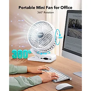 GEHEN Portable Clip on Fan, Cordless Small Desk 10000mAh Battery Operated, Rechargeable Table 3 Speeds Quiet Personal 360° Rotate Cooling Fan for Bedroom Office Stroller Camping White,D1PB005100002