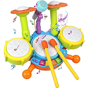 POKONBOY Kids Drum Set for Toddler 1-3, Musical Instruments Learning Toys with 2 Drum Sticks Adjustable Microphone Birthday for Boys Girls 6 12 18 Month (Yellow)