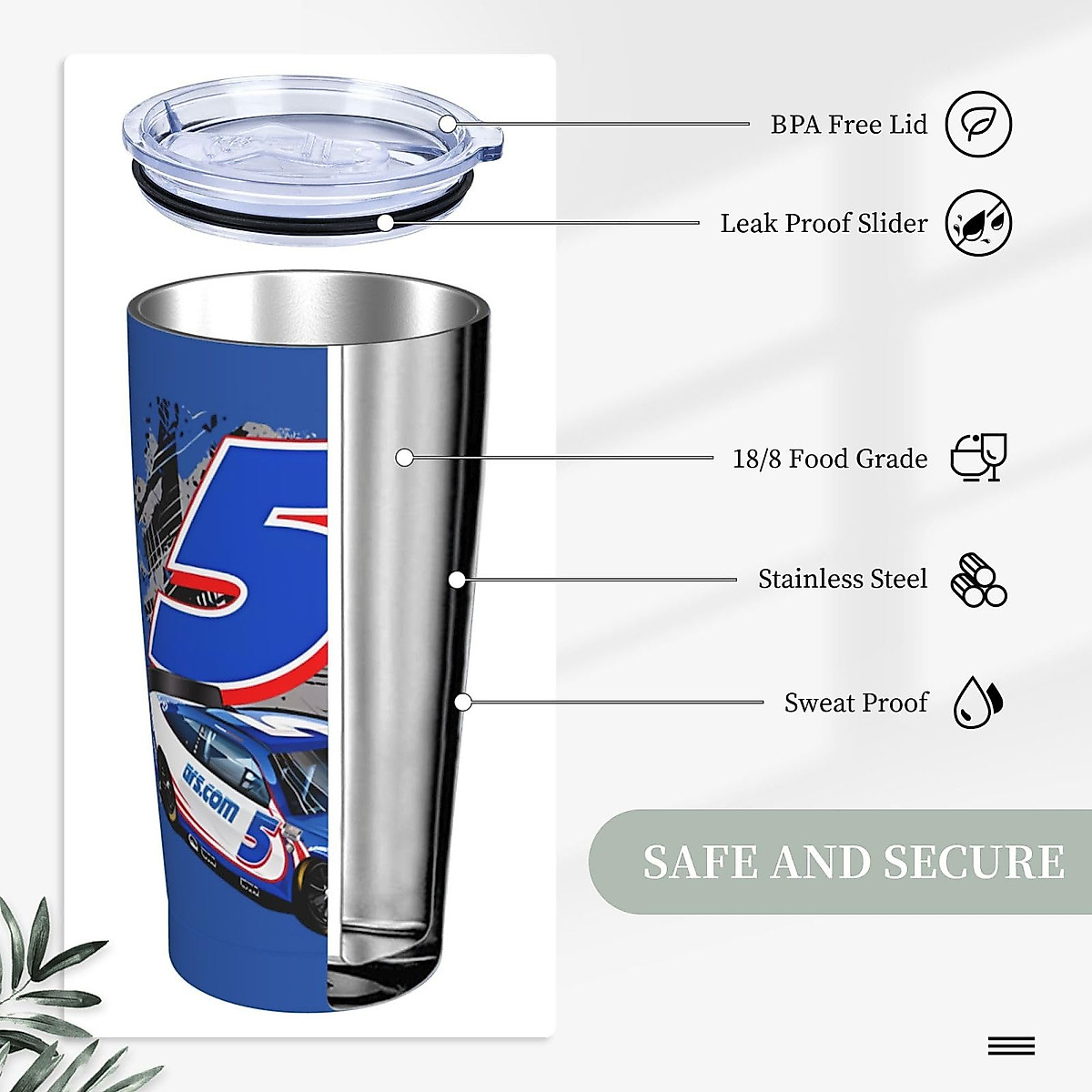 YFTRC Kyle Larson 5 Insulated Tumbler 20oz Tumbler with Lids and Metal Straws Stainless Steel Vacuum Insulated Travel Mug Coffee Cup Indoor Outdoor Ice Drinks Hot Beverage