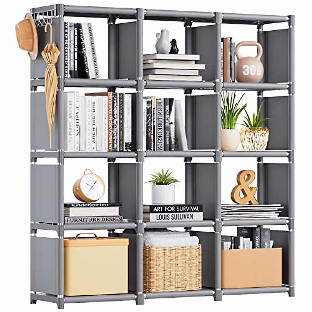 Mavivegue Book Shelf, 12 Cube Storage Organizer, DIY Bookcase, Metal Cube Bookshelf,Tall Book case for Bedroom, Living Room,Office,Closet Storage Organizer, Grey Cubicle Storage Rack