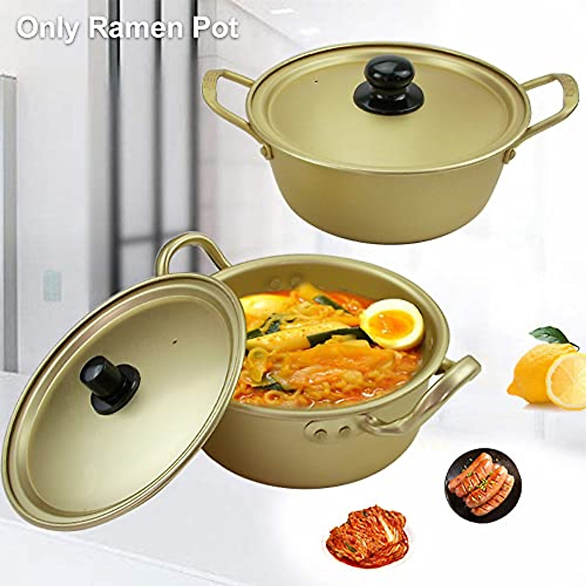 20cm Korean Ramen Cooking Pot with Spoon Chopsticks Lid Ramen Pot Fast Heating Instant Noodle Soup Korean Korean Ramen Noodle Pot Fast Heating For Kitchen Cookware(Gold)