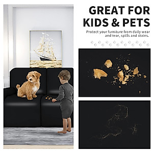 Easy-Going PU Leather Recliner Sofa Slipcovers, Waterproof Stretch Sofa Covers, 8 Pieces Stretch Furniture Protector, Elastic Strap Shield Pets Kids Children Cats Dogs Black