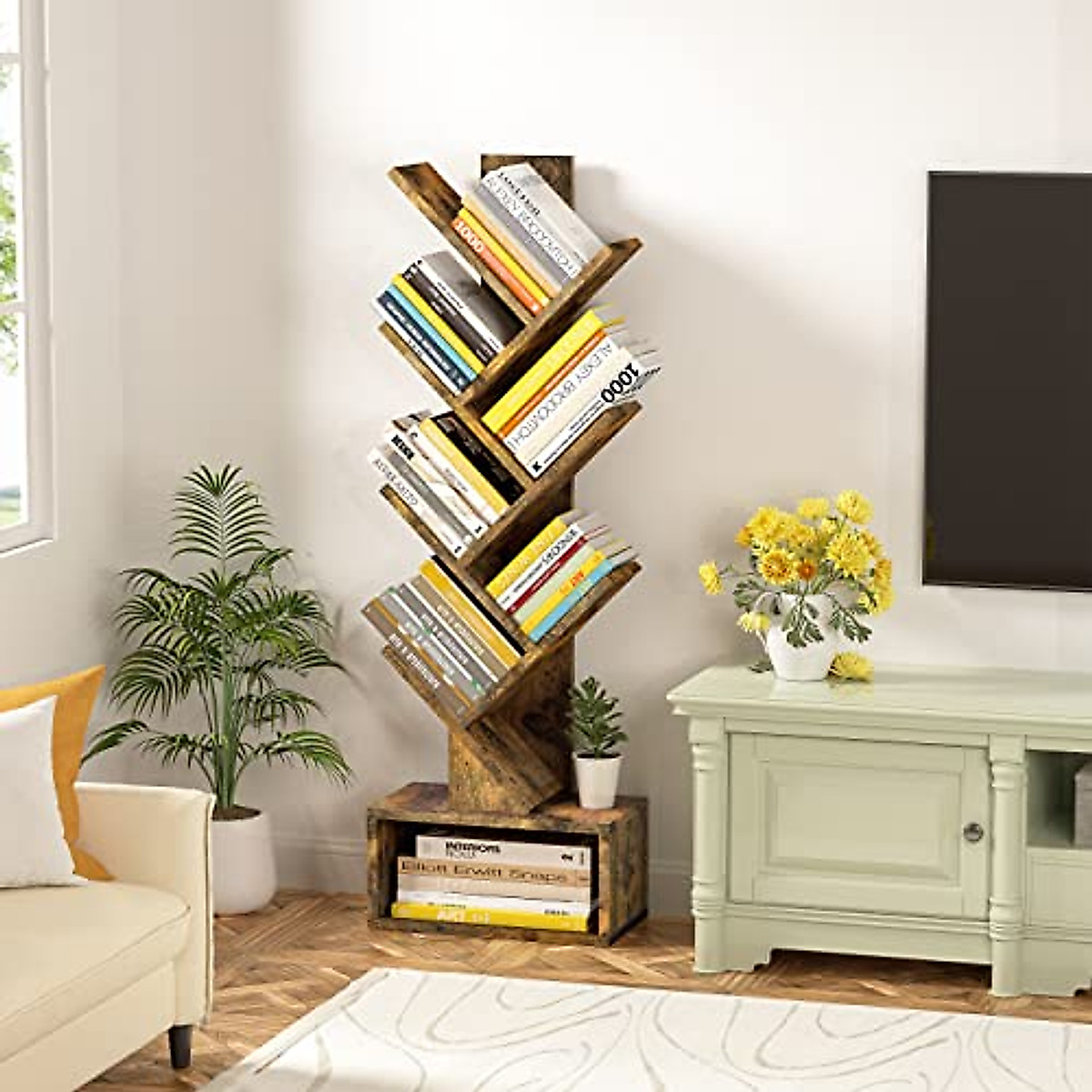 Hoctieon 6 Tier Tree Bookshelf, 6 Shelf Bookcase with Drawer, Modern Book Storage, Free Standing Tree Bookcase, Utility Organizer Shelves for Home Office, Living Room, Bedroom, Rustic Brown