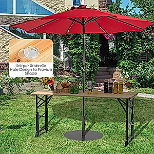 Giantex Folding Picnic Table, Wood Outdoor Table with Umbrella Hole, Adjustable Metal Legs, Patio Bistro Table for Garden Party Backyard, Rectangular Camping Table No Assembly