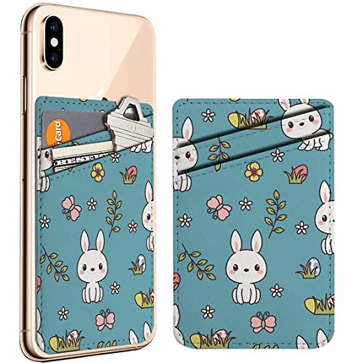 Diascia Pack of 2 - Cellphone Stick on Leather Cardholder ( Cute Bunny Rabbit Spring Flowers Pattern Pattern ) ID Credit Card Pouch Wallet Pocket Sleeve