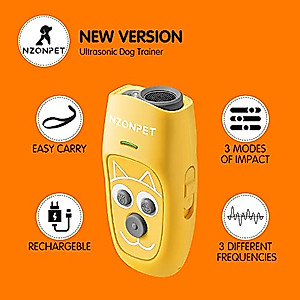 nzonpet Anti Barking Device, Ultrasonic 3 in 1 Dog Barking Deterrent Devices, 3 Frequency Dog Training and Bark Control 16.4Ft Range Rechargeable with LED Light and Wrist Strap Yellow
