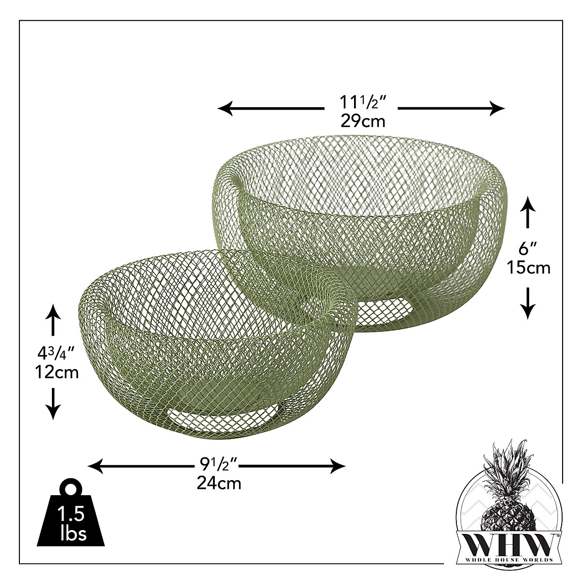 WHW Whole House Worlds Iconic Modern Wire Mesh Fruit Bowls, Olive Green, Set of 2, Art Museum Style, Iron, Large, 11.5 Inches Diameter x 6 Tall, and 9.5 Diameter x 4.75 Inches