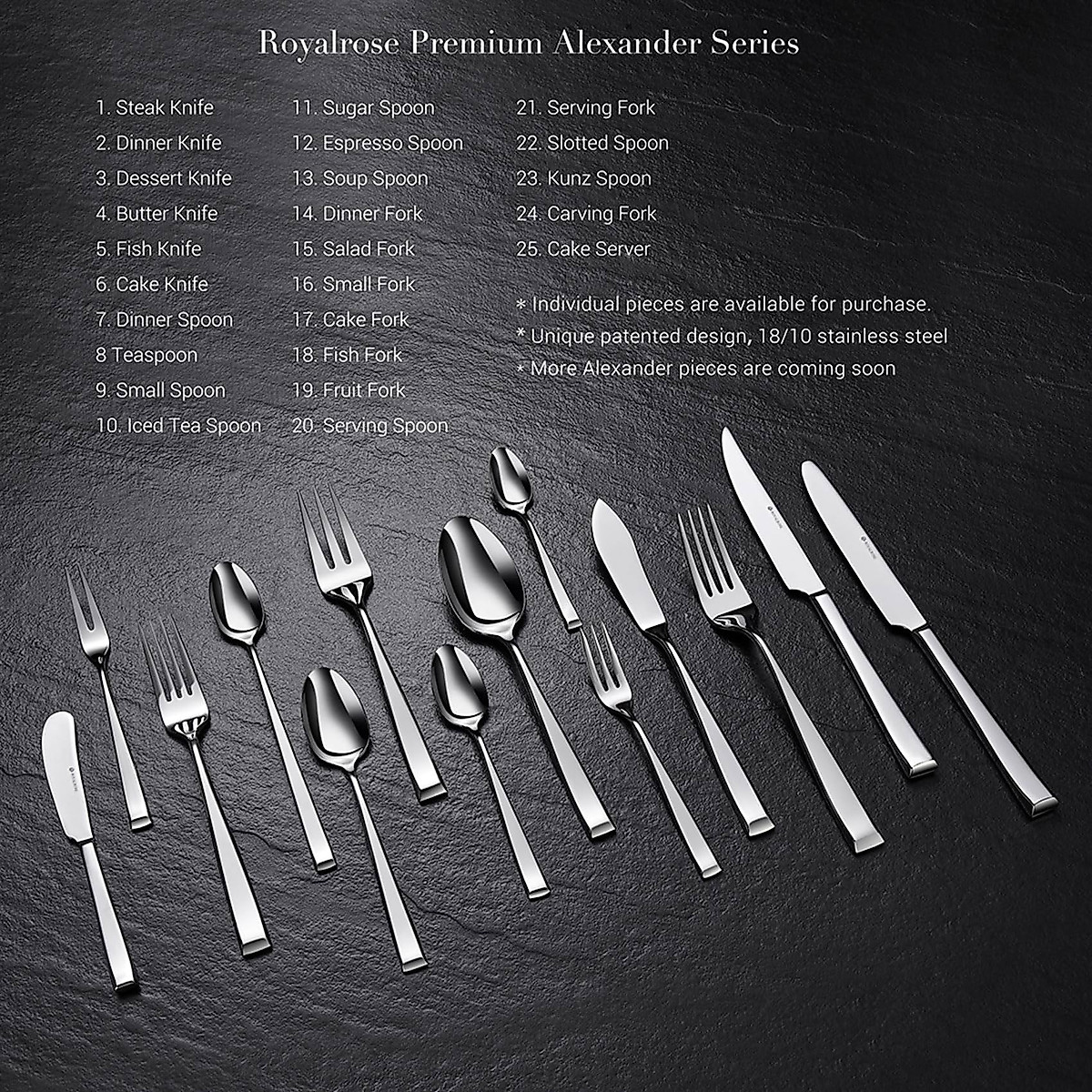 Royalrose Alexander Fine Spoons, Set of 4, 18/10 Stainless Steel, Well Made, Dishwasher Safe, Heavy Duty Spoon (7.6" Dinner Spoons)