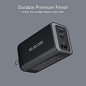 ELECOM 65W USB C Wall Charger Block, 3 Multi Port GaN II Plus Fast Charging, Compact Power Adapter for Multiple Devices, iPhone, Laptop, Tablet, iPad, Airpods, Watch, Speakers, Samsung (Black)