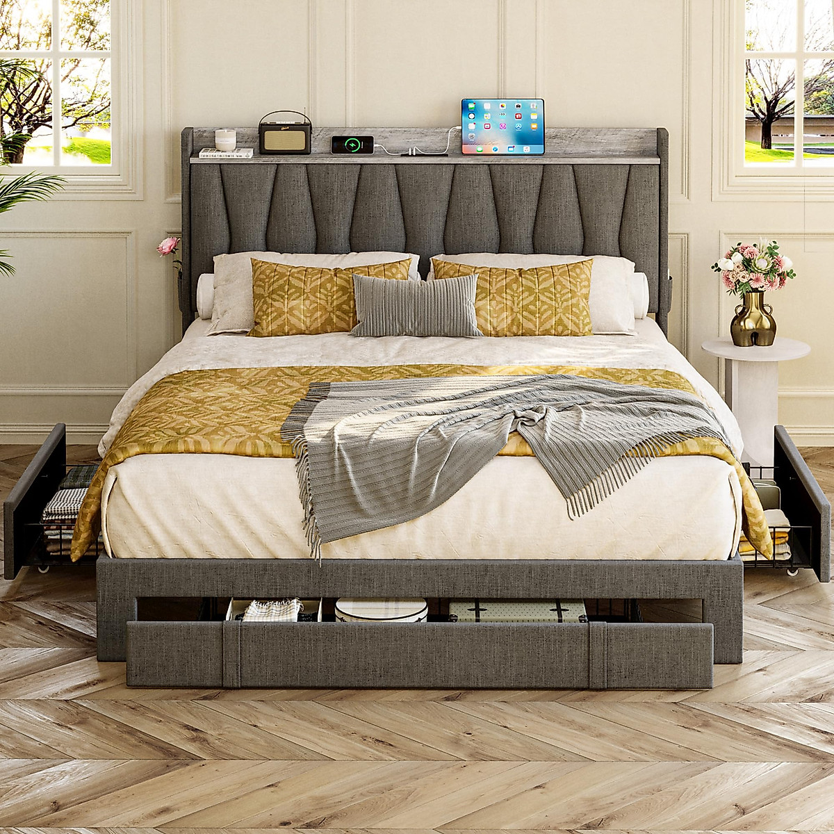 ANCTOR Queen Size Bed Frame with Storage Headboard and Charging Station, Upholstered Platform Bed with 3 Drawers, No Box Spring Needed, Easy Assembly, Grey