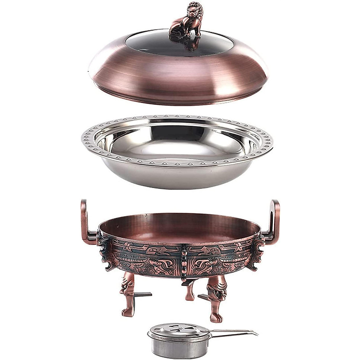 UZOURI Stainless Steel Chafing Dish, Round Chafer Buffet Warmers Set W/Food Pans, Stove Stand, Visible Pot Lid and Fuel Holder, for Kitchen Party(Color:Gold) (Gold)