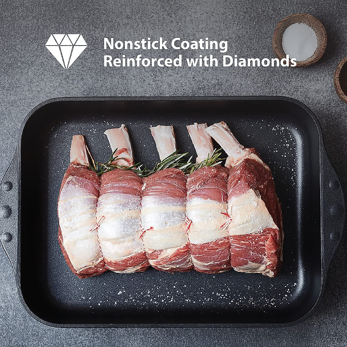 Swiss Diamond Roasting Pan with Lid - HD Nonstick Diamond Coated Aluminum Roaster Includes Lid Dishwasher & Oven Safe Roaster - Large Turkey, Ham, Chicken Roaster Pan - 8.3"x13" (5.3 Qt)- Grey