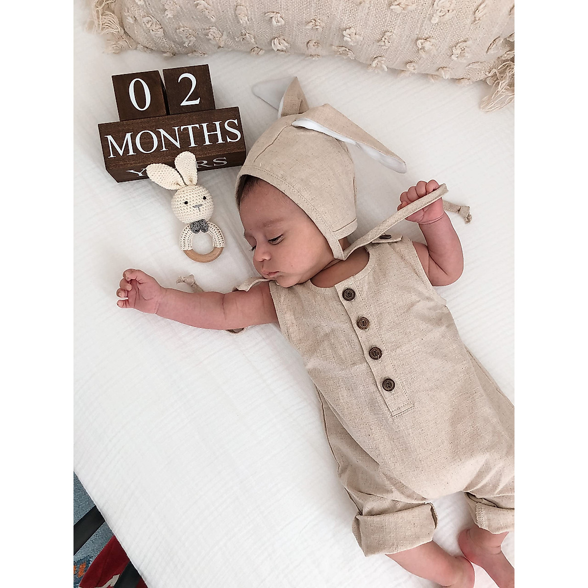 Baby Bunny Hat Bonnet Country Vintage Cotton Linen w/Velvet Rabbit Ears Easter Bonnet Hat (as1, Age, 0_Month, 3_Months, Camel Linen Velvet Bunny)