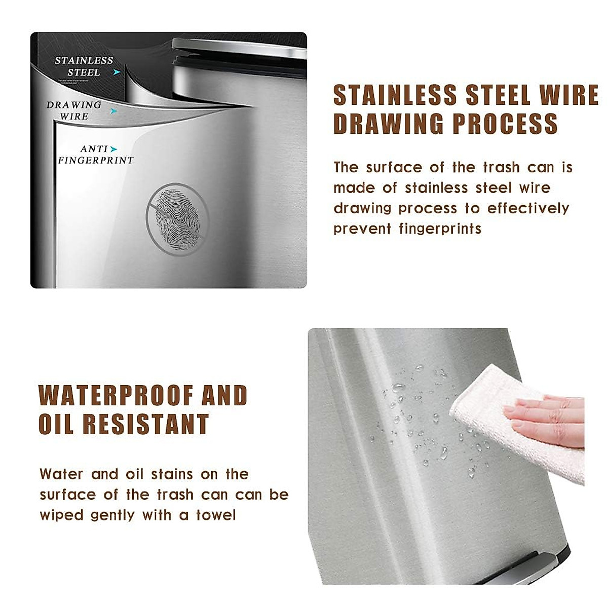 BestOffice 13 Gallon (50L) Trash Can with Lid Garbage Can Commercial Trash Can with Soft-Close Foot Pedal Fingerprint Proof Stainless Steel Trash Can for Kitchen Home Office Bedroom Bathroom