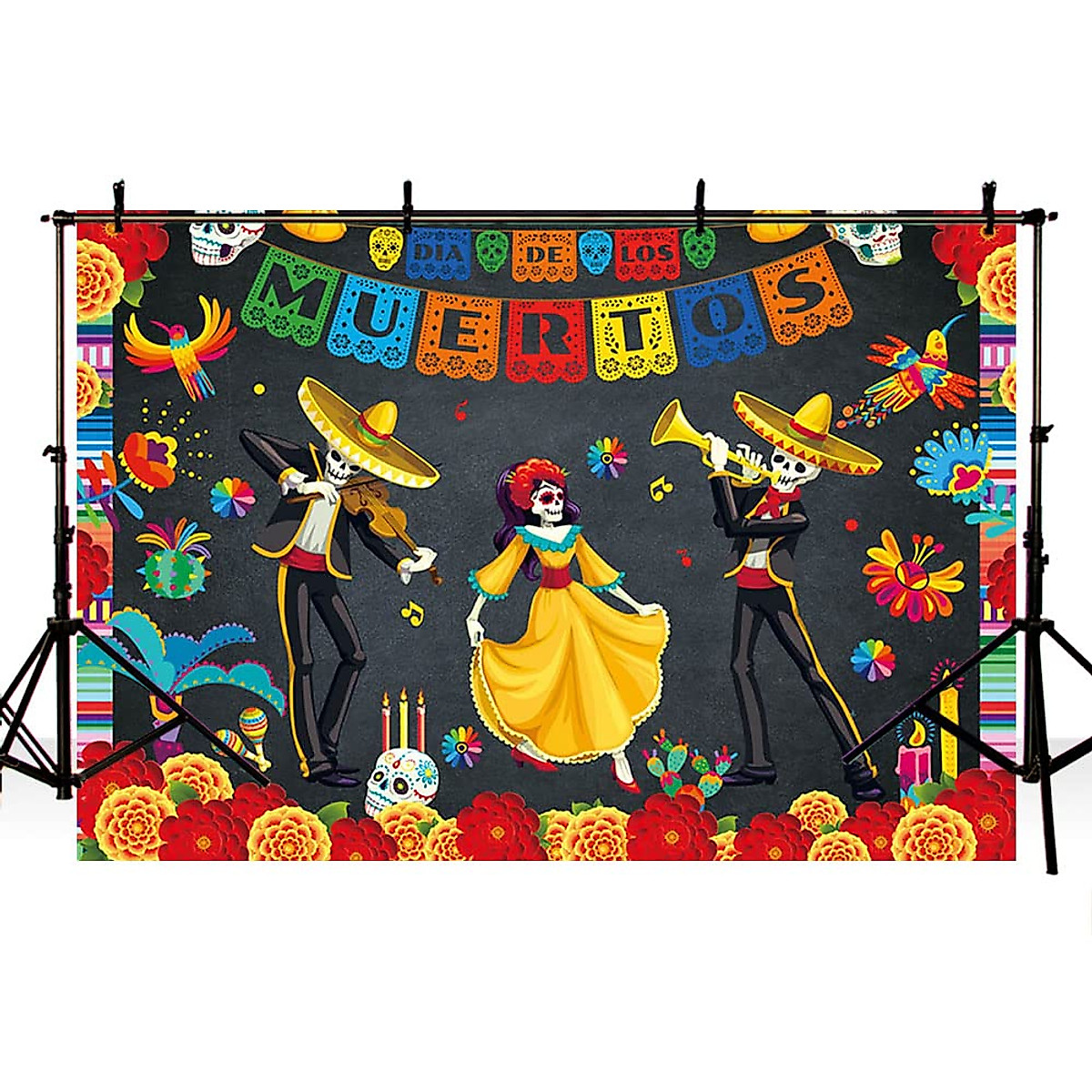MEHOFOND 7x5ft Day of The Dead Backdrop Mexican Fiesta Sugar Skull Flowers Photography Background Vinyl Dia De Los Muertos Marigold Dress-Up Party Supplies Banner Table Decoration Photobooth Props