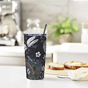 EVANEM 20 Oz Stainless Steel Tumbler With Straw Cleaner Dragonflies Grey Printed Insulated Cup Travel Coffee Mug Vacuum Insulated Tumblers For Home Office