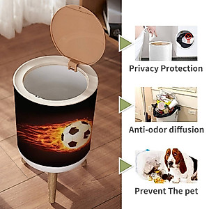 IBPNKFAZ89 Small Trash Can with Lid Soccer Ball in Fire Isolated on Black Garbage Bin Wood Waste Bin Press Cover Round Wastebasket for Bathroom Bedroom Office Kitchen