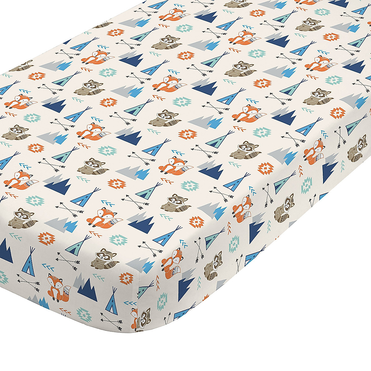 NoJo Aztec Mix & Match 100% Cotton Grey/Fox Fitted Crib Sheet, Navy, Orange, Aqua, Ivory