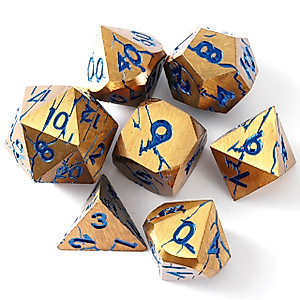 DND Metal Dice - Pharaoh Ruins Gold with Blue Cracks - Polyhedral Dice Set for D&D, RPG and More - Beautifully Detailed for Dungeons and Dragons