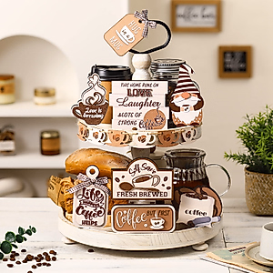 14 Pieces Coffee Tiered Tray Decor Set Coffee Theme Tiered Tray Decor Coffee Wood Signs Coffee Sign Rustic Trays Decor for Summer Home Kitchen Table Decor