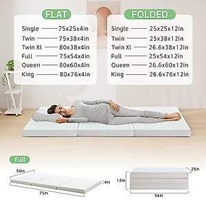 MUUEGM Folding Mattress, 6 Inch Tri-fold Memory Foam Mattress, Fordable Mattress with Removable Cover, Trifold Mattress Topper for Camping&Indoors,CertiPUR-US Certified,Full Size