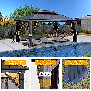 OLILAWN Gazebo 12x16, Outdoor Hardtop Gazebo with Large Aluminum Frame, Galvanized Steel Double Top Gazebo with Ventilation, All-Weather Metal Gazebo with Mosquito Nettings, for Patios Gardens Lawns