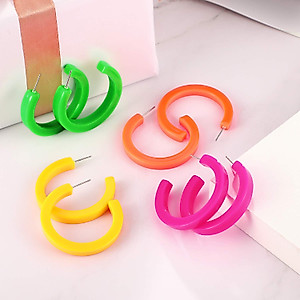 Skylety 4 Pairs 80s Neon Earrings for Women 90s Retro Hoop Drop Dangle Earrings for 80's Party Cosplay Costume Accessories(Half Hoop Style)