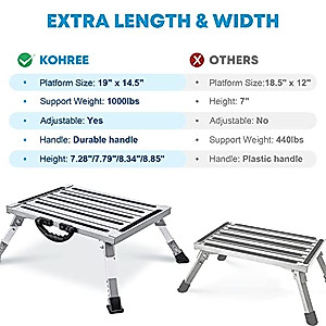 Kohree RV Step Stool, 19" x 14.5" Adjustable Height Extra Large Aluminum Folding Platform Step with Non-Slip Rubber Feet, Portable Handle, Stable RV T Level, Up to 1000 lbs
