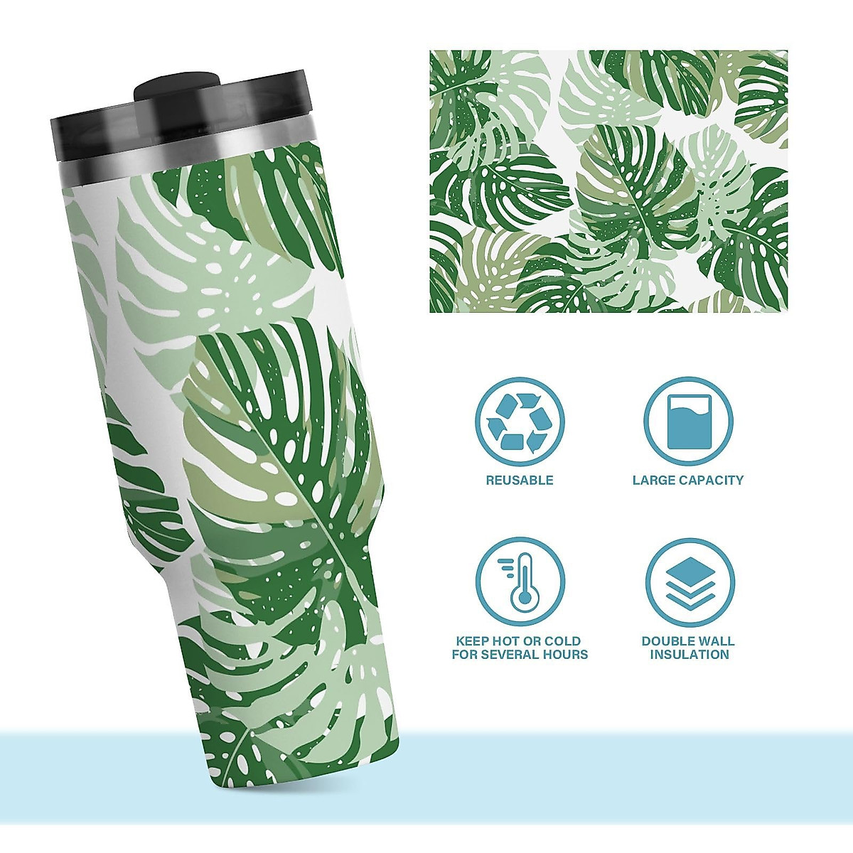 Yasala Car Tumbler with Handle Botanical Palm Leaves Travel Mug Coffee Cup Insulated Beverage Container Mega Cup for Hot Cold Drinking Thermos Water Bottle Cupholder Friendly 40 oz