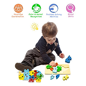 4 Pack Wooden Animal Puzzles for Toddlers 1 2 3 4 Years Old Boys & Girls, Montessori Toys for Kids Ages 1-4 with 4 Animal Patterns, Preschool Educational Toys Bright Vibrant Color Shapes