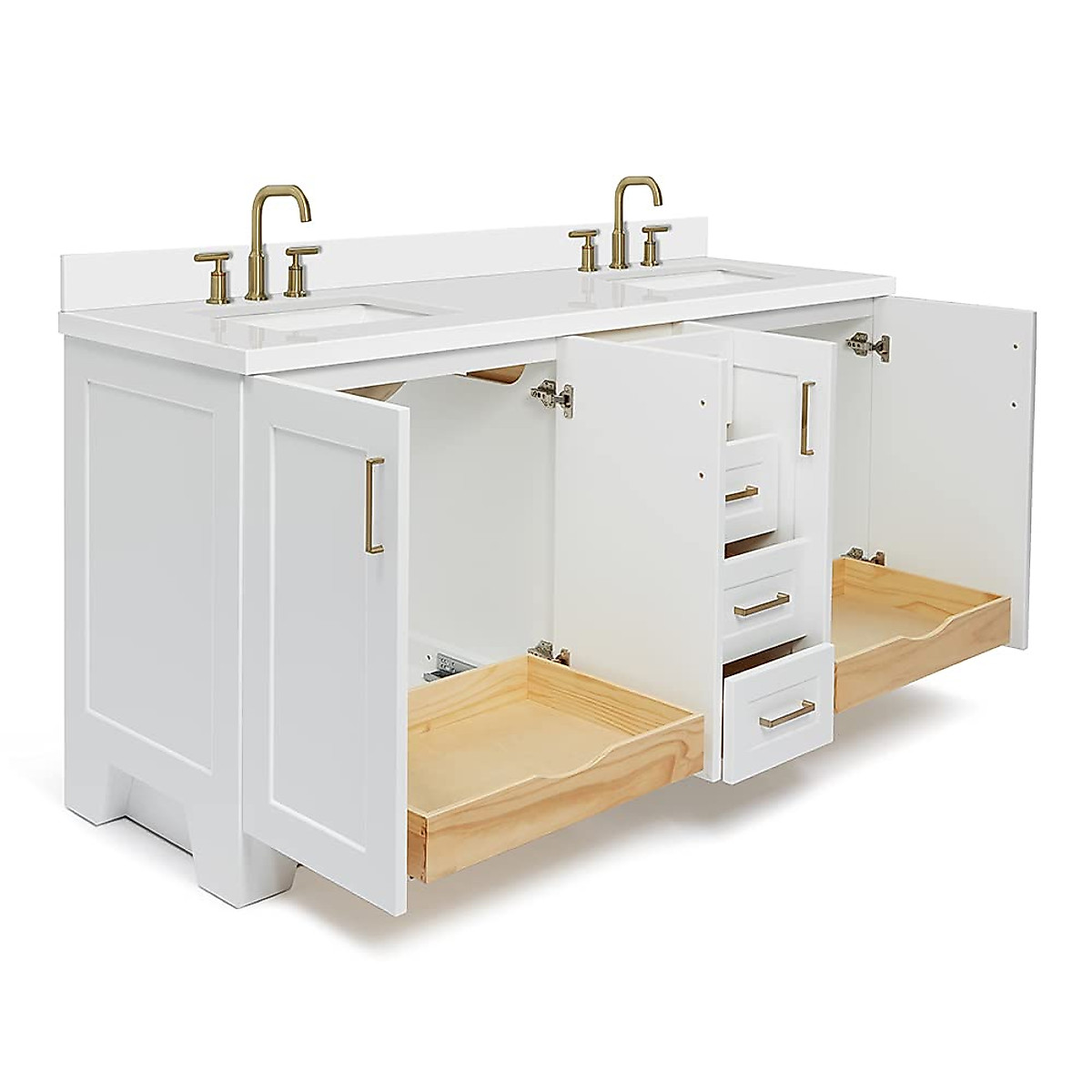 ARIEL 73" White Double Vanity, 1.5" Edge Pure White Quartz Countertop & Splash, Rectangular Sink, 4 Soft Closing Doors, 6 Full Extension Dovetail Drawers, Toe Kick, Satin Brass