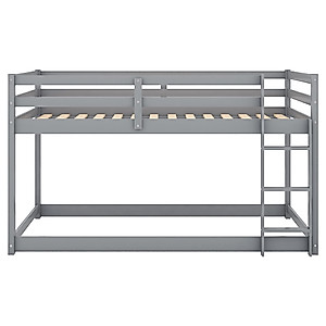 Harper & Bright Designs Low Bunk Bed Twin Over Twin, Wood Twin Kids Bunk Bed with Ladder, Floor Bunk Bed Frame for Boys, Girls, No Box Spring Needed, Easy Assembly, Grey