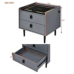 ITENGHUA Nightstand with Wireless Charging Station,USB Charging and Adjustable LED Lights, Modern End Table with 2 Drawers for Bedroom,Gray